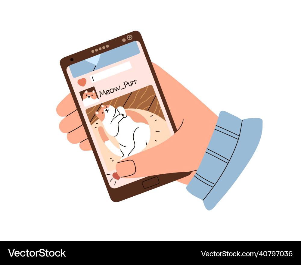 Hand holding mobile phone scroll screen with cats Vector Image