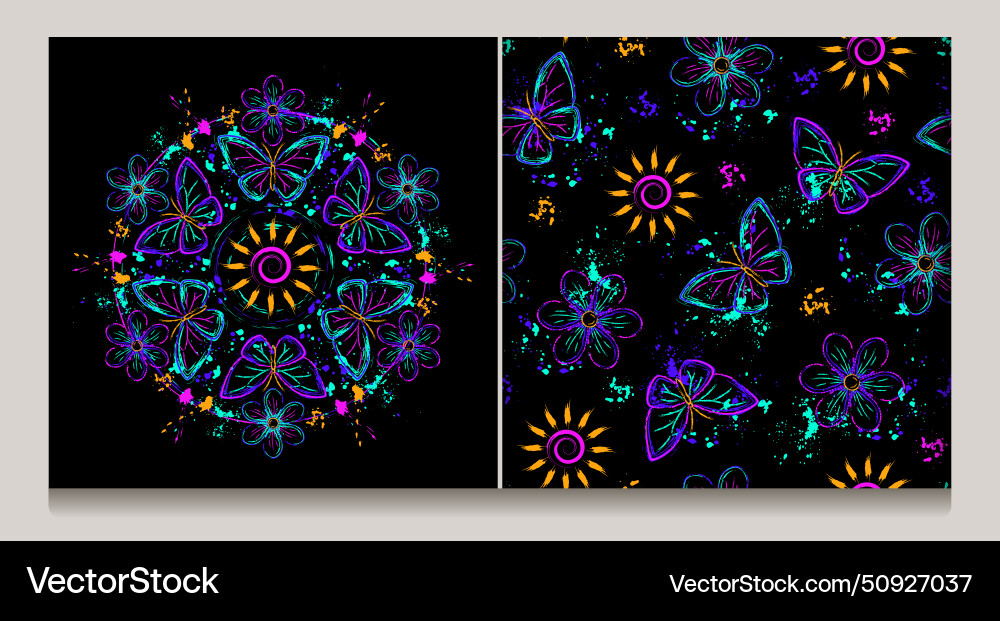 Celestial label pattern with butterfly neon paint Vector Image