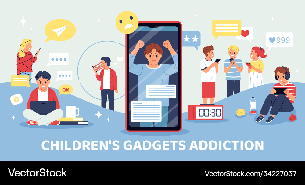 Childrens gadget addiction Royalty Free Vector Image