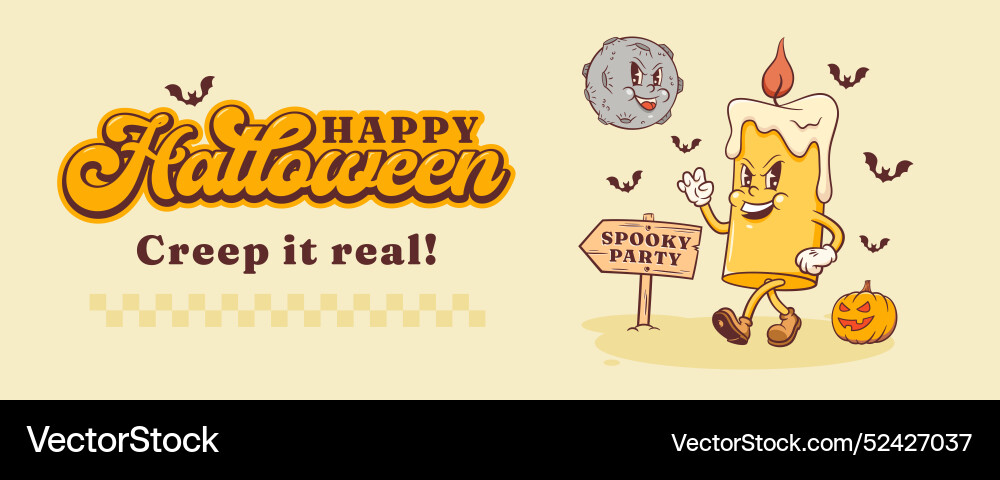 Halloween groovy pumpkin and candle retro Vector Image