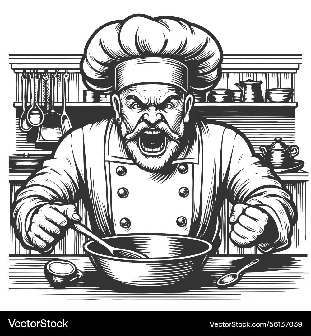 Angry chef yelling in kitchen with ingredients Vector Image