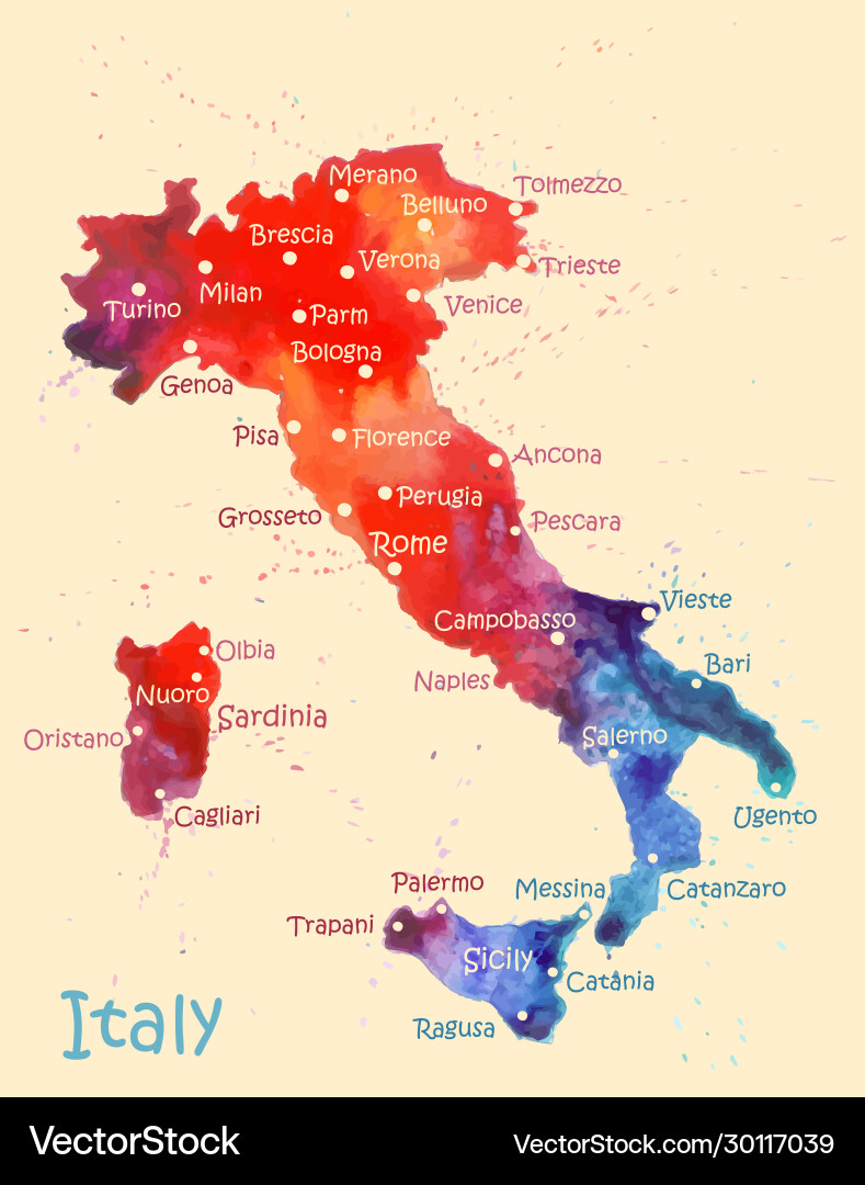 Watercolor map italy with cities stylized Vector Image