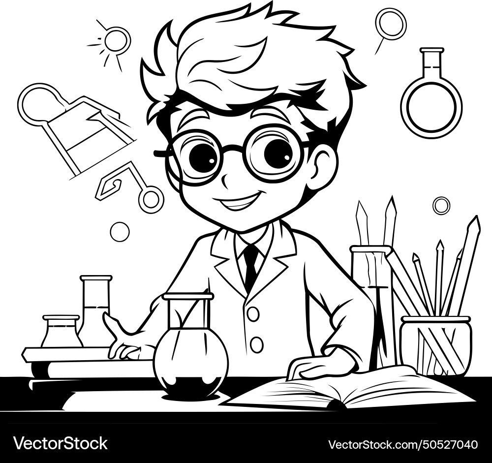 Black and white of a boy doing science Royalty Free Vector