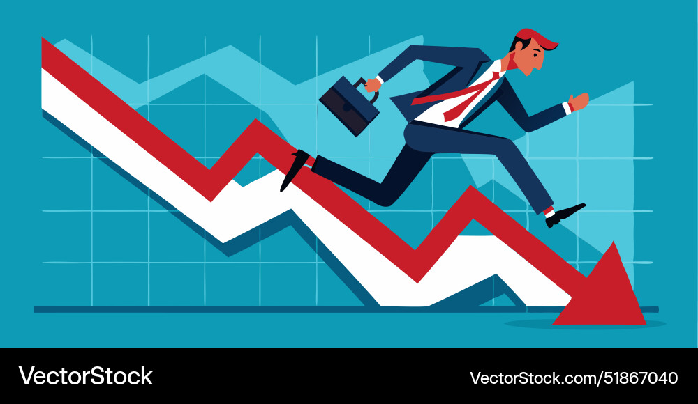 Businessman races down falling market arrow Vector Image