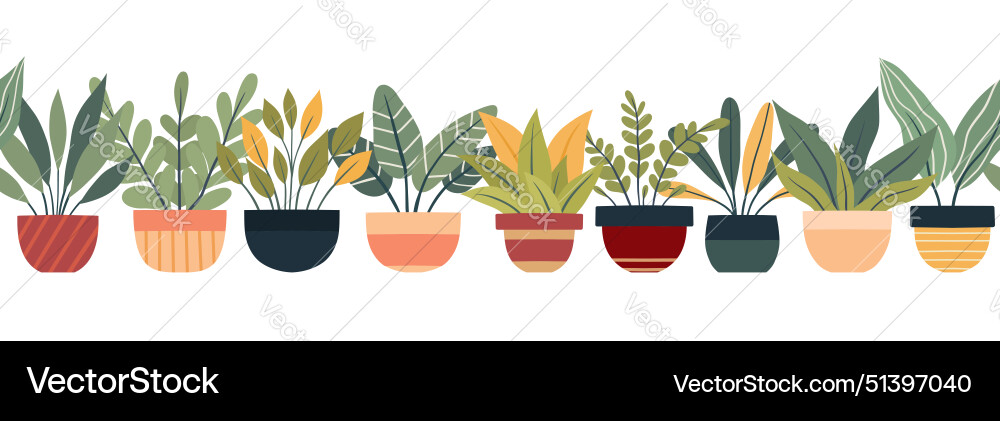 Seamless cozy border with house plants Royalty Free Vector
