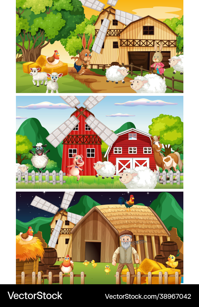 Different farm scenes with old farmer and animal Vector Image