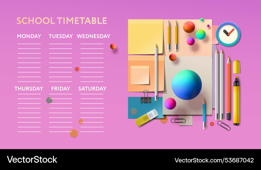 School timetable pink color weekly planner back Vector Image
