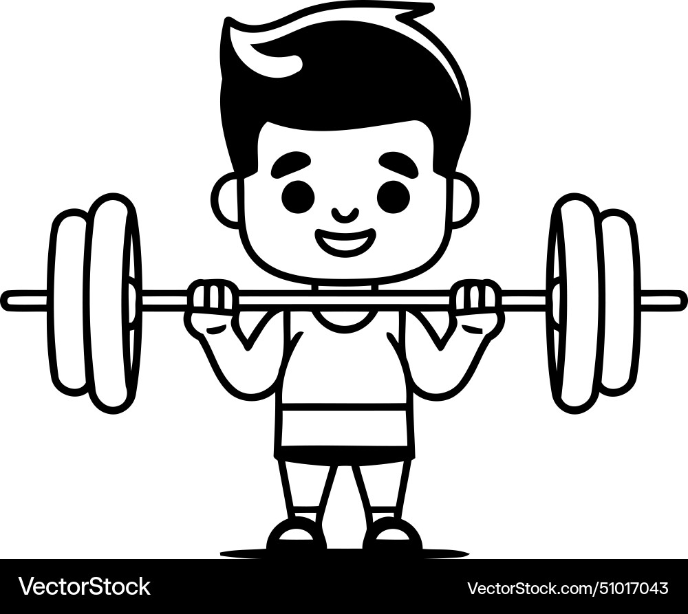 Cartoon boy lifting barbell flat design Royalty Free Vector