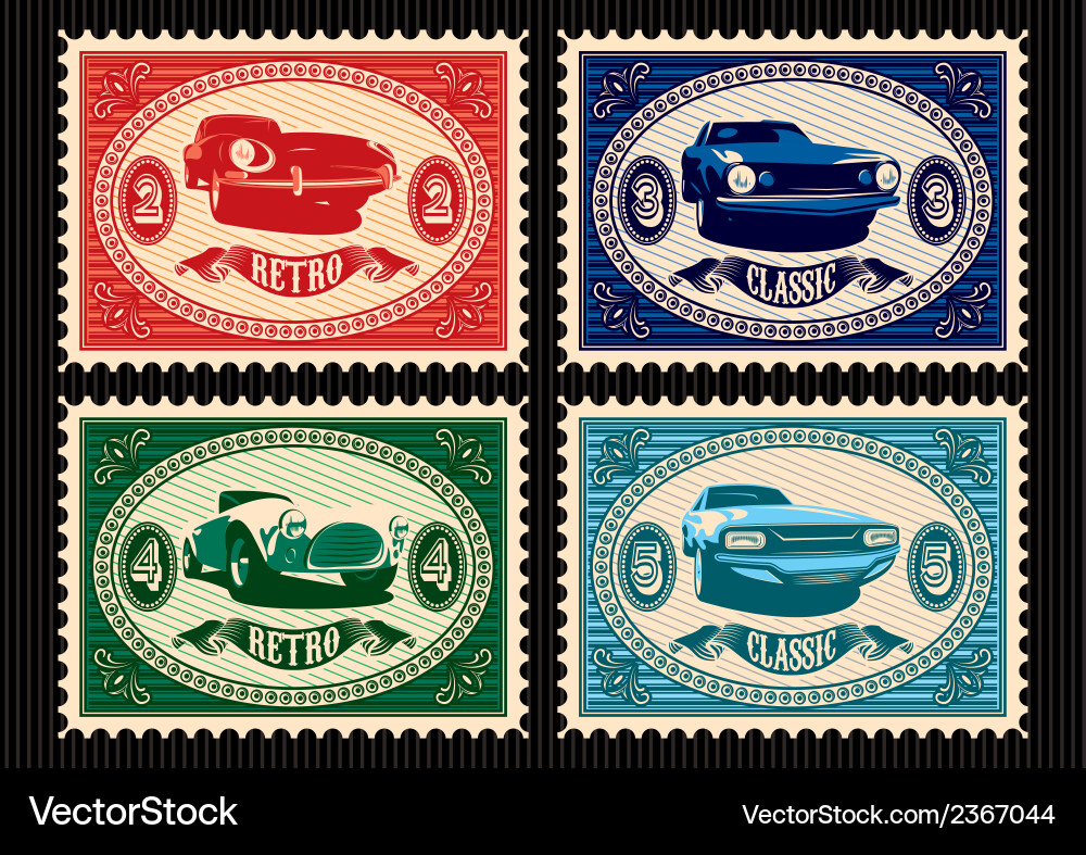Retro Car Postage Stamps Set Royalty Free Vector Image