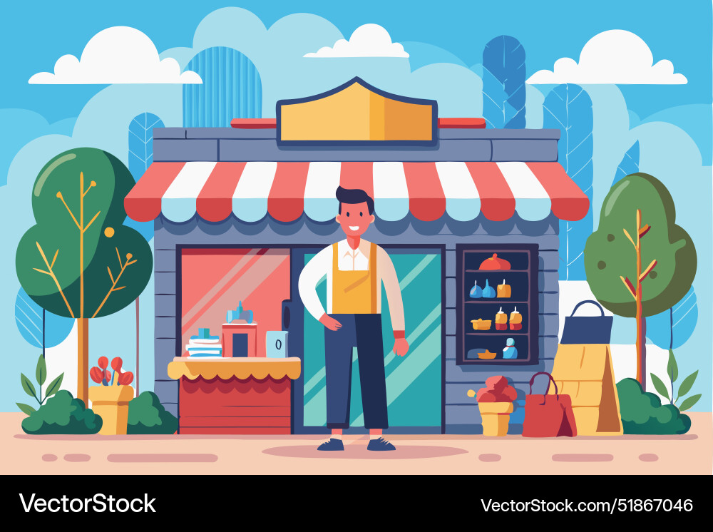 Cheerful shopkeepers vibrant storefront Royalty Free Vector