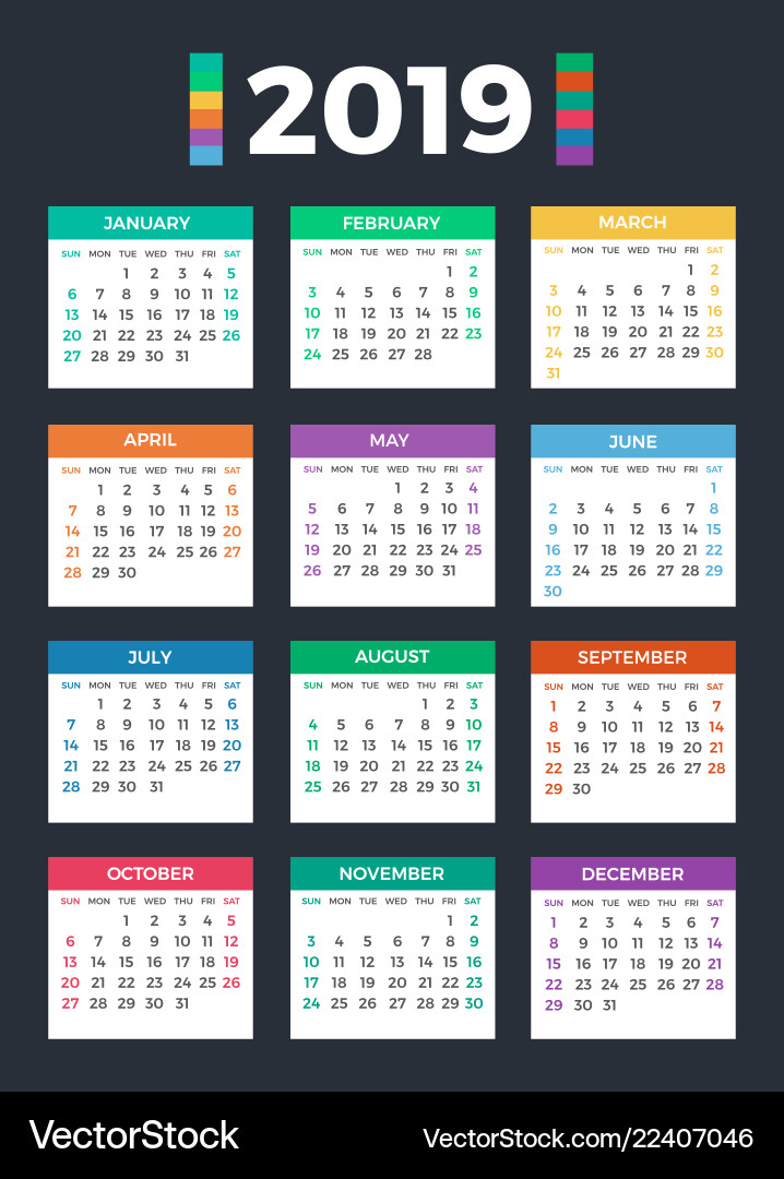 Dark 2019 Calendar Royalty Free Vector Image - VectorStock