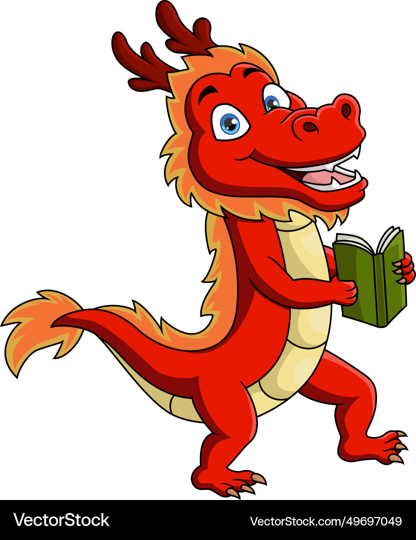 Cute red dragon cartoon holding book Royalty Free Vector