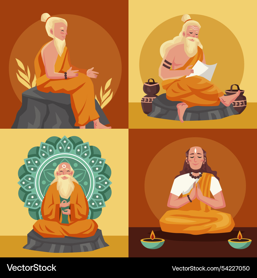 Wise men in meditation and teaching poses Vector Image