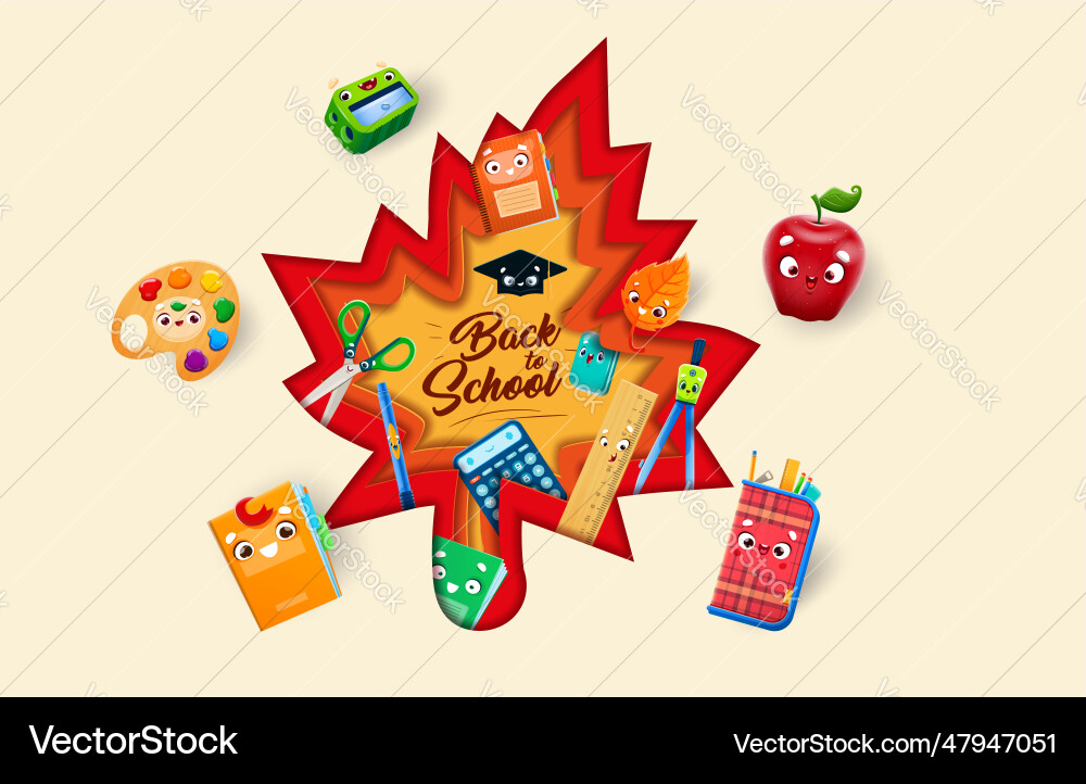 Cartoon school supply characters on paper cut Vector Image