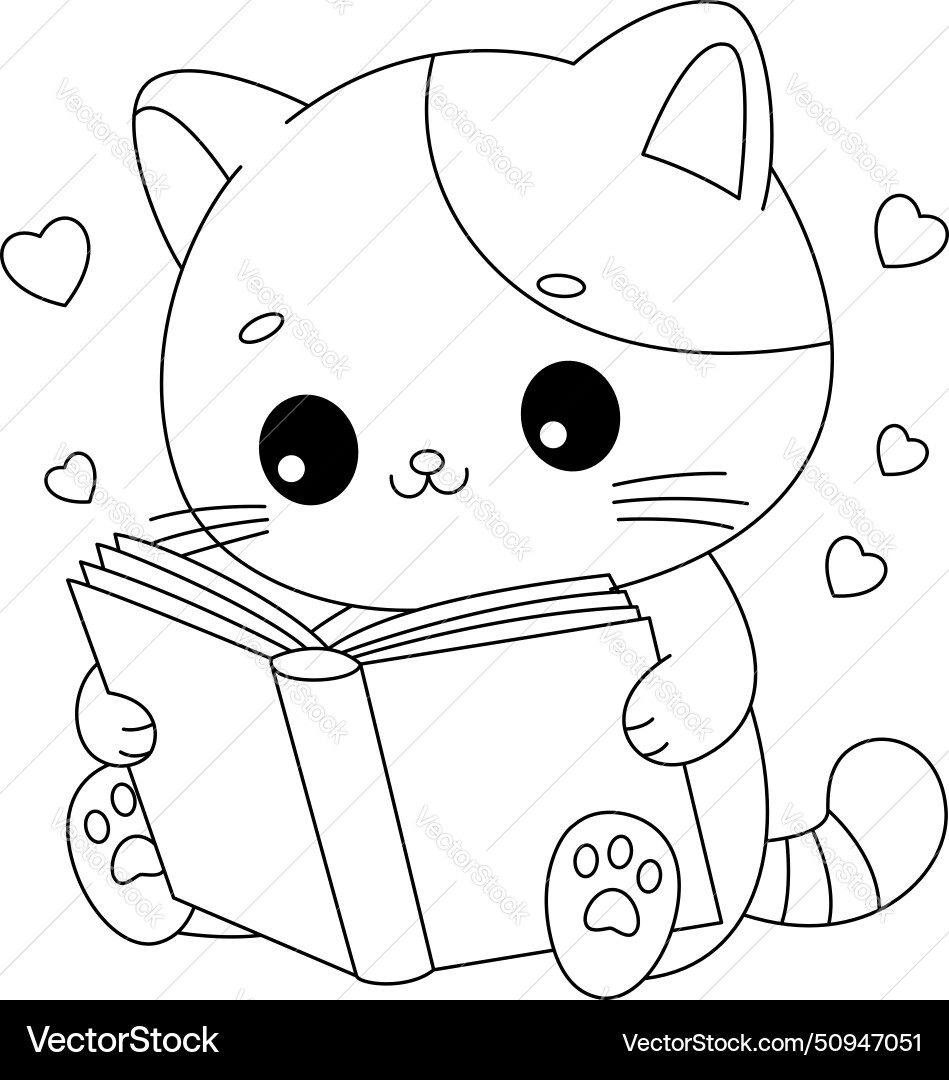 Cute cat is reading book coloring page Royalty Free Vector