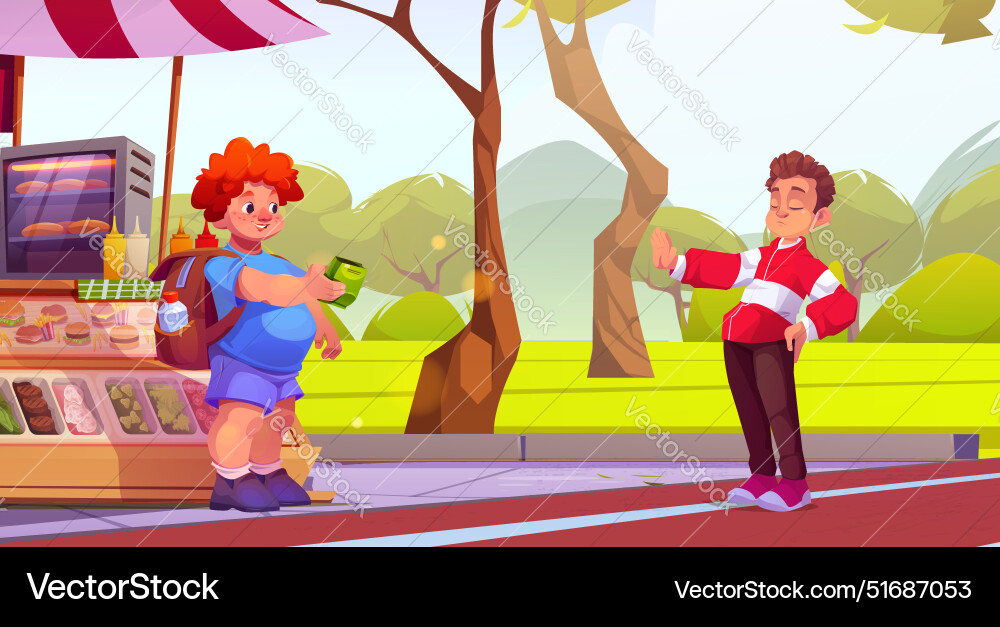 Boy refuse from unhealthy food kid share snack Vector Image