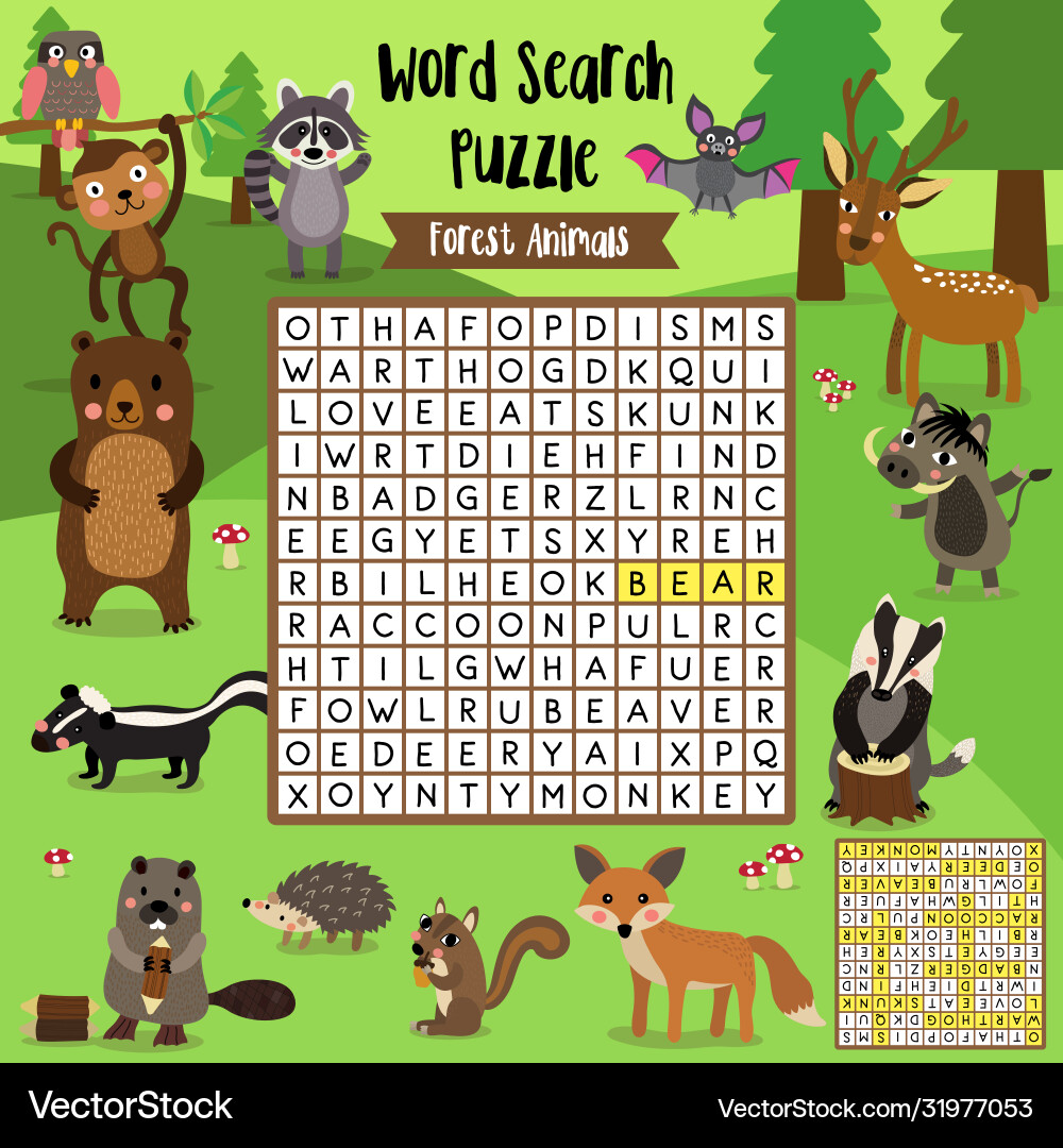 Wortsuche Puzzle Waldtiere Lizenzfreies Vektorbild