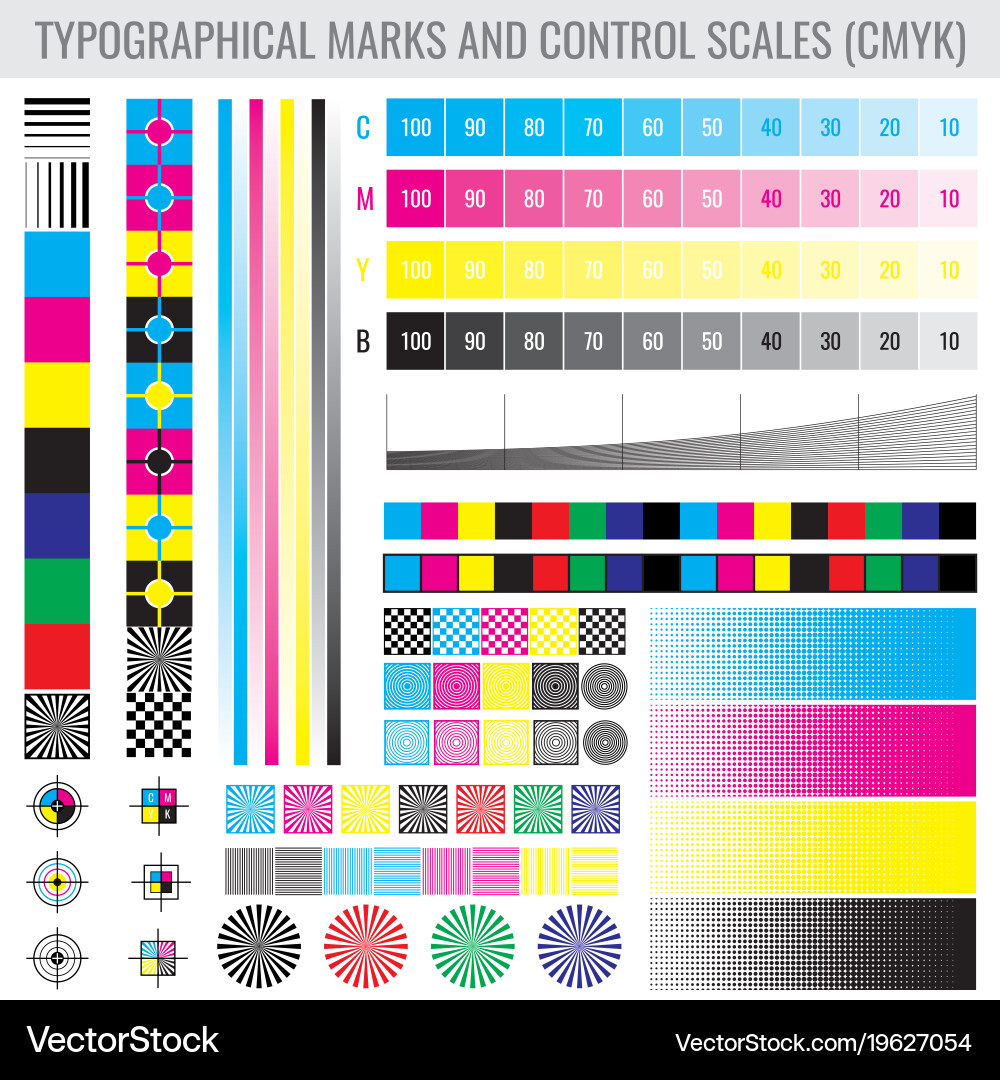 Cmyk press print marks and colour tone gradient Vector Image