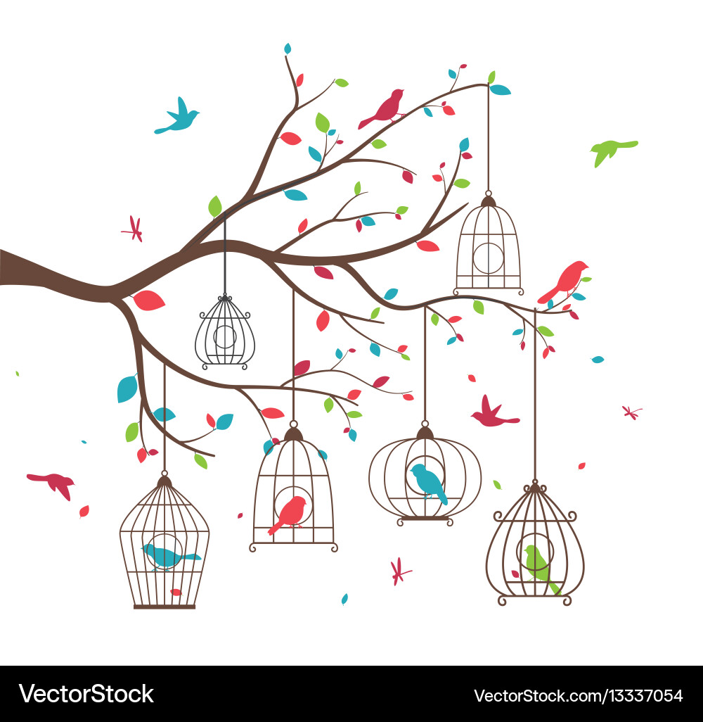 Colorful tree with birds and birdcages Royalty Free Vector