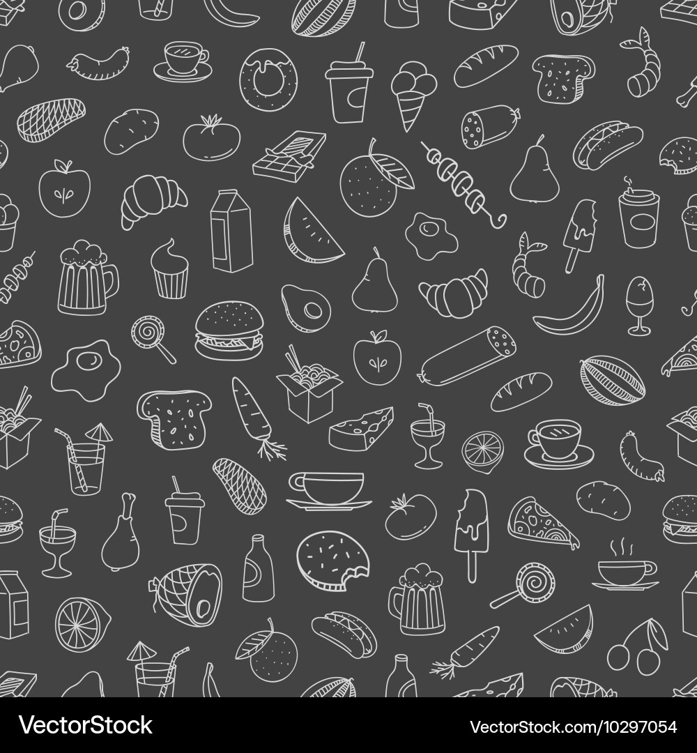 Different food doodles seamless background lineart