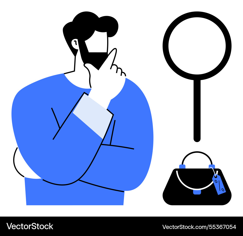 Man in thoughtful pose with magnifying glass and Vector Image