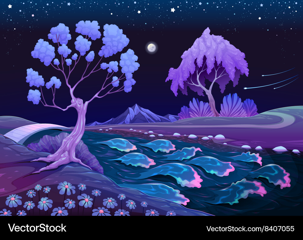 Astral landscape with trees and river in the night