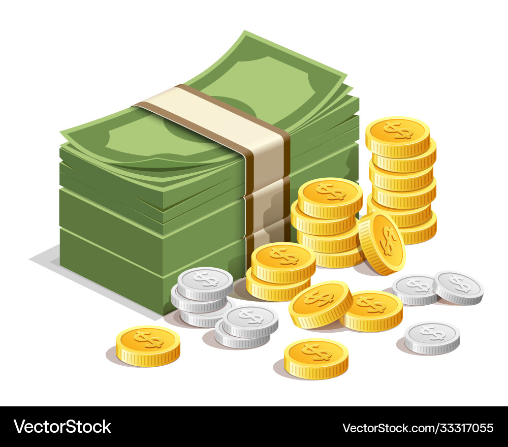Banknote and gold coins with silver isolate Vector Image