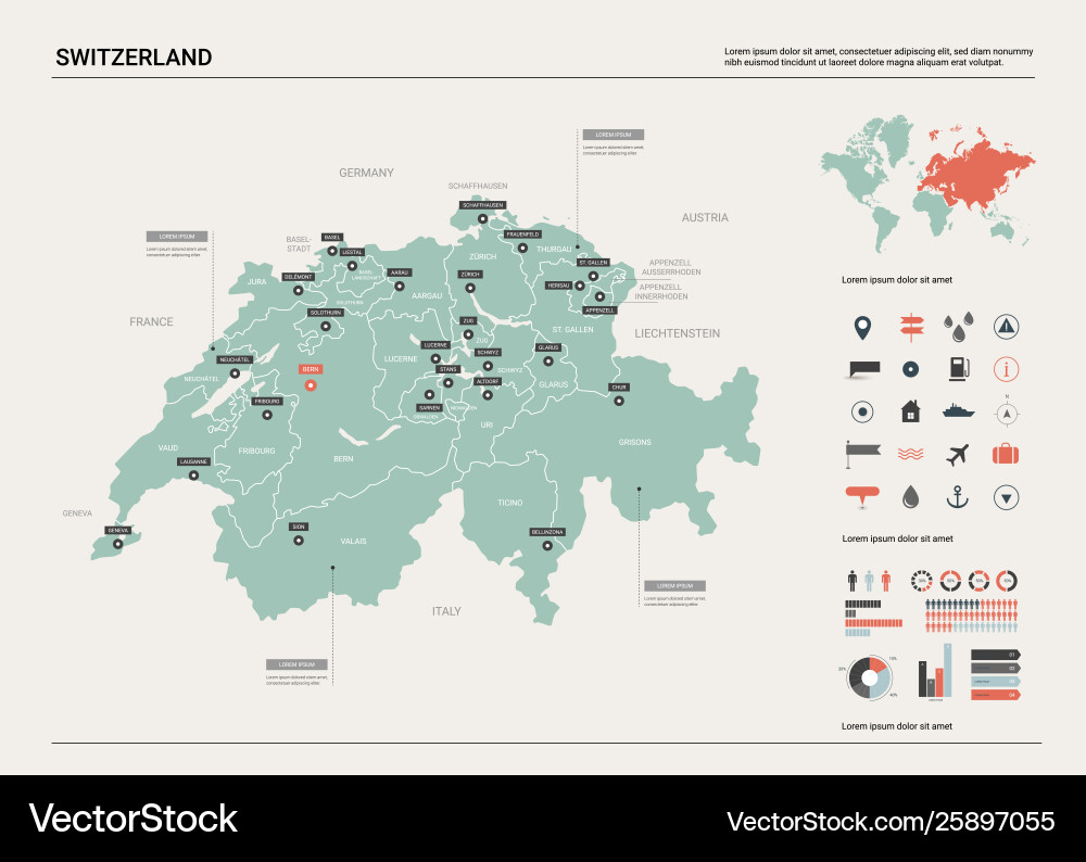 Map switzerland country with division Royalty Free Vector