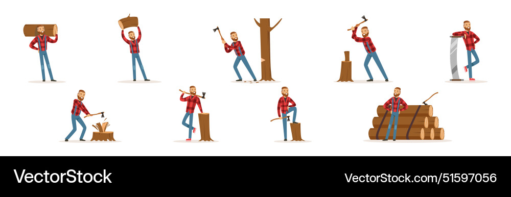 Man lumberjack in checkered shirt working cutting Vector Image