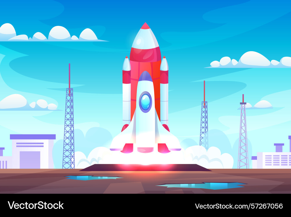 Rocket launch station satellite start up to space Vector Image