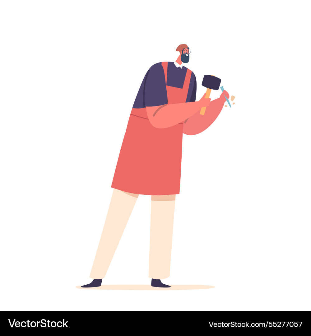 Male character using chisel and hammer carves Vector Image