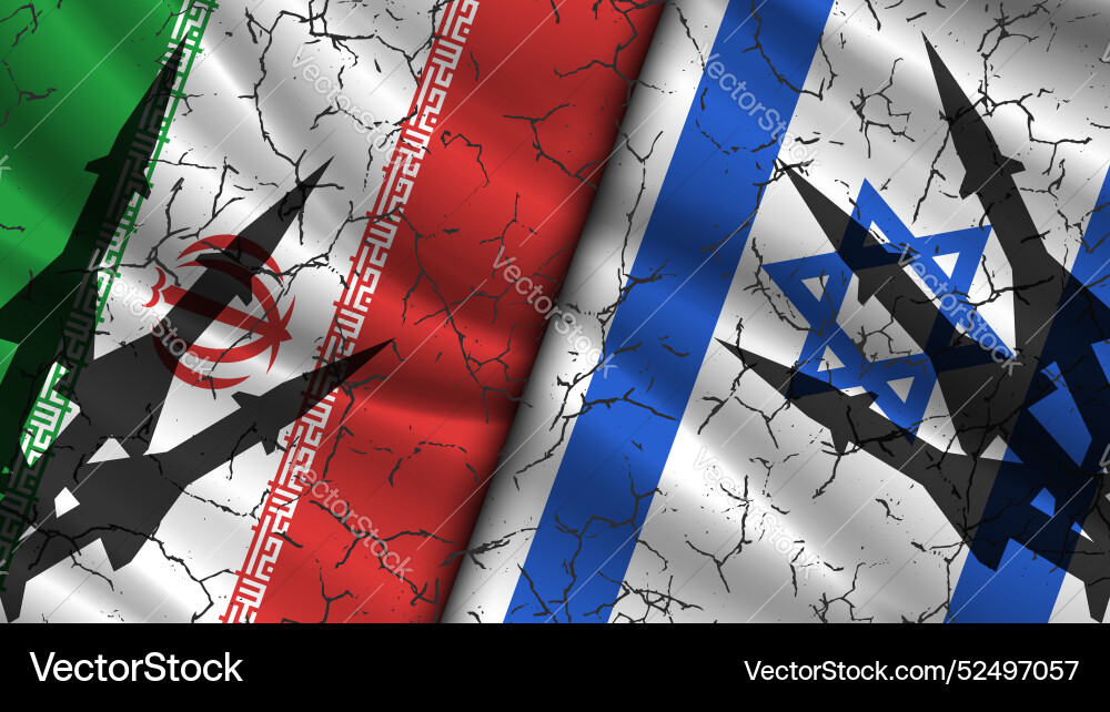 Wavy national flags iran israel rocket cracks Vector Image