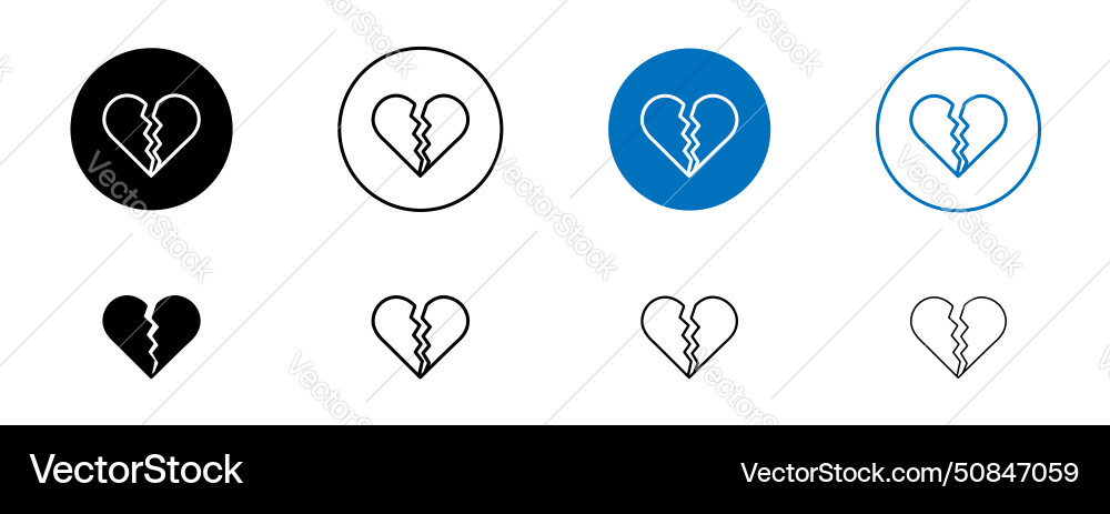 Broken heart icon set with crack symbol Royalty Free Vector
