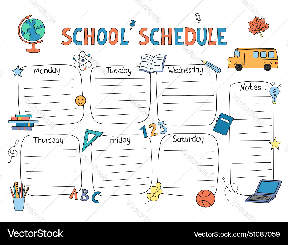 School Schedule Template Printable Us Letter Size Vector Image