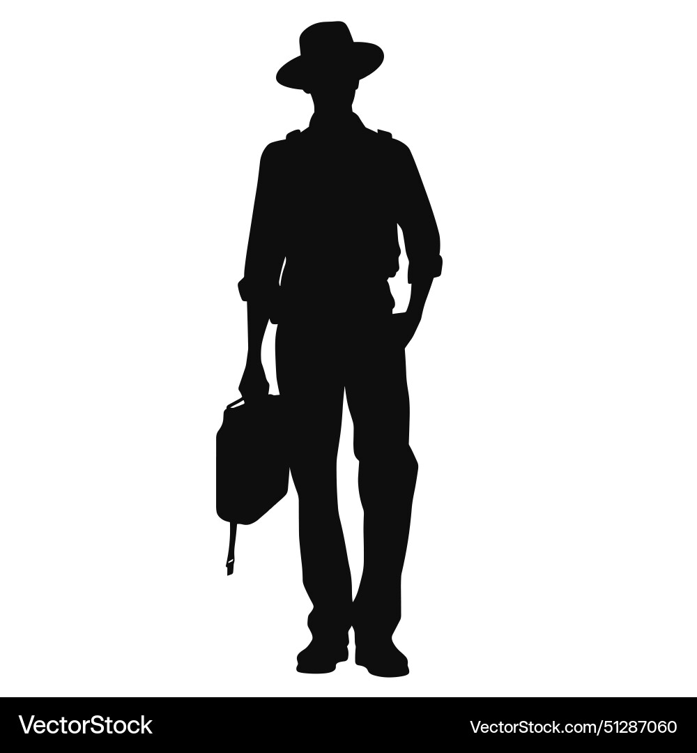 Adventurous man with hat and bag silhouette Vector Image
