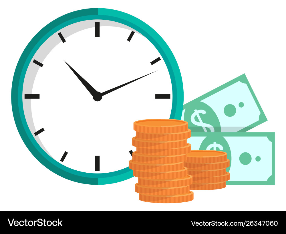 Clock with coins and dollars time is money Vector Image