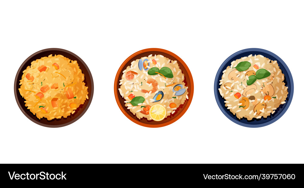 Three plates of risotto with different ingredients