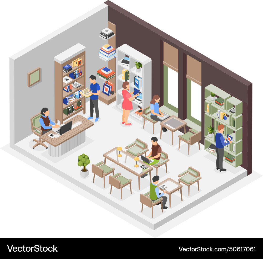 School or university isometric library students Vector Image