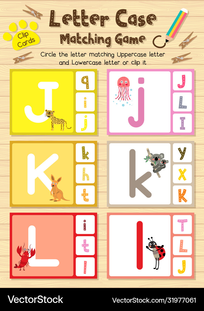 Worksheet matching letter case jkl Royalty Free Vector Image