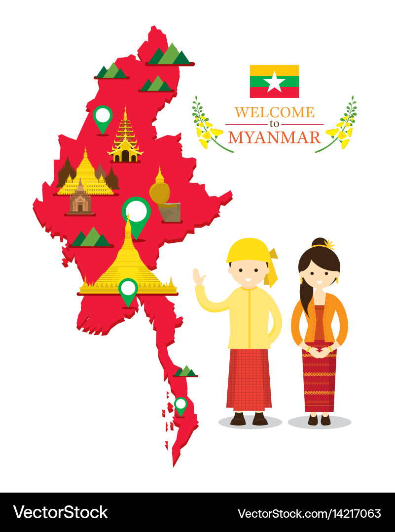 Myanmar map and landmarks with people Royalty Free Vector