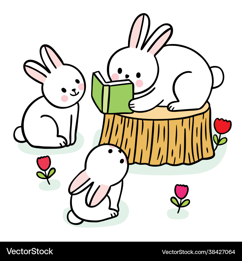 Cartoon cute rabbits reading book Royalty Free Vector Image