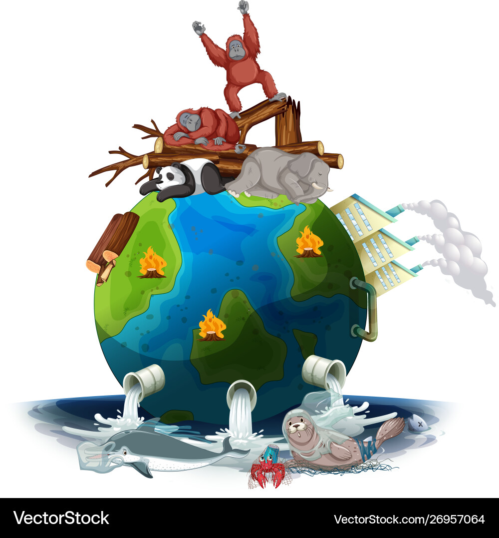 Pollutions on earth with dying animals Royalty Free Vector