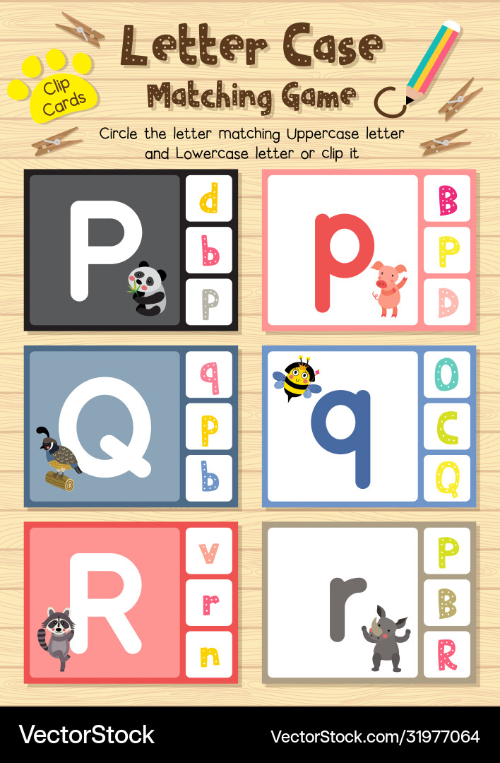 Worksheet matching letter case pqr Royalty Free Vector Image
