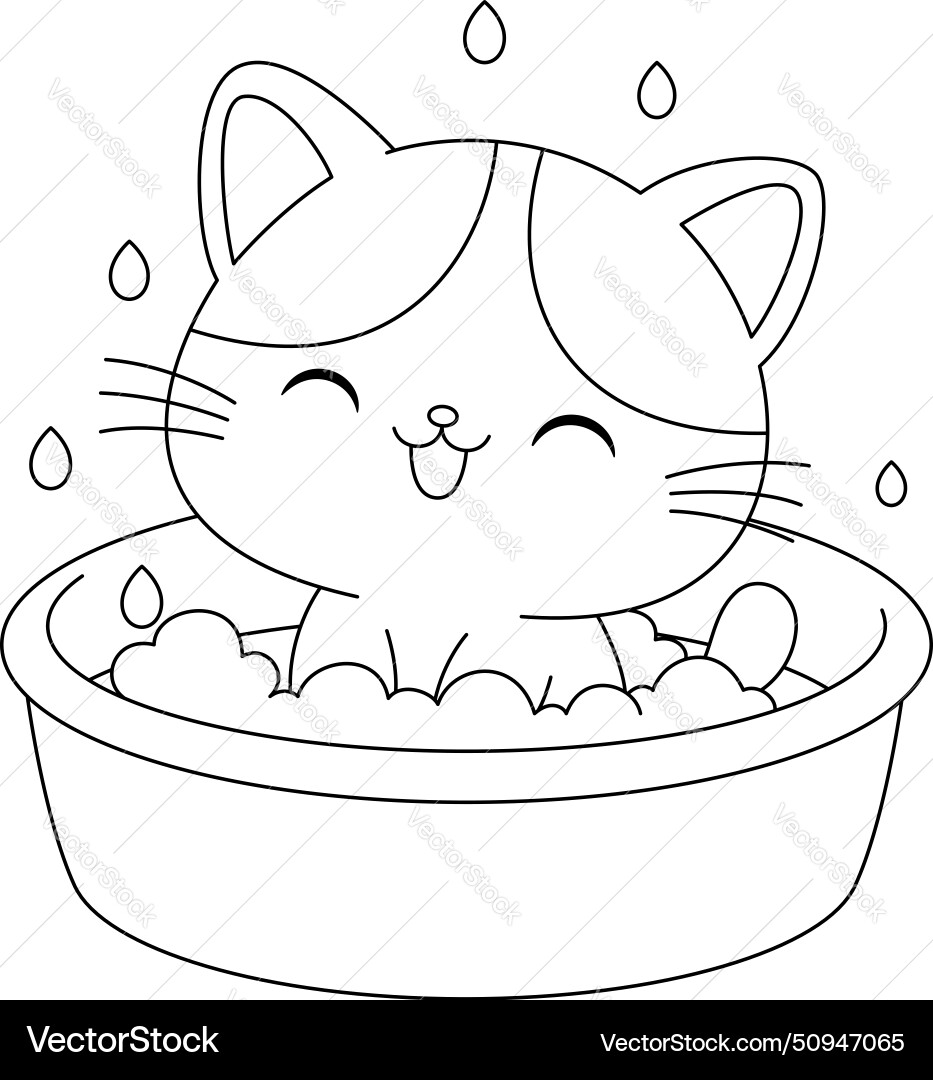 Cute cat is bathing in the basin coloring page Vector Image