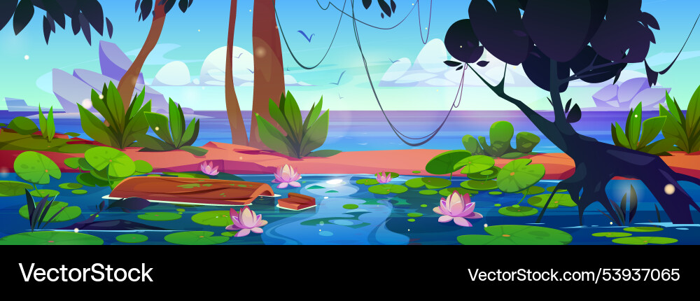 Jungle lake with lotus flowers Royalty Free Vector Image