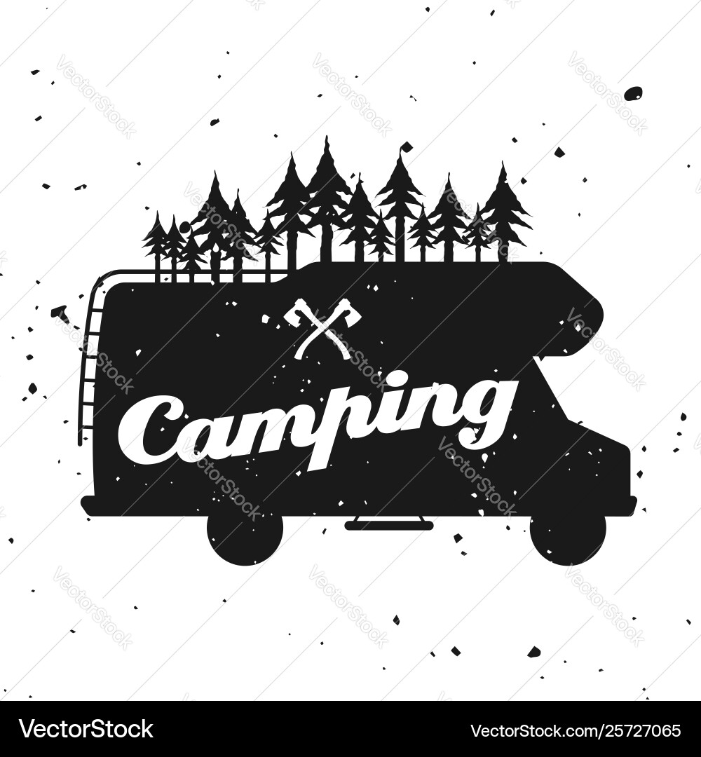 Outdoor camping emblem with camper van Royalty Free Vector