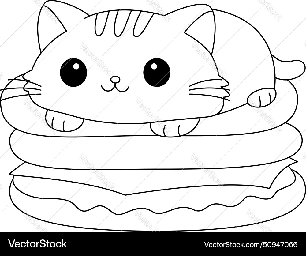 Cute cat is lying on a hamburger coloring page Vector Image