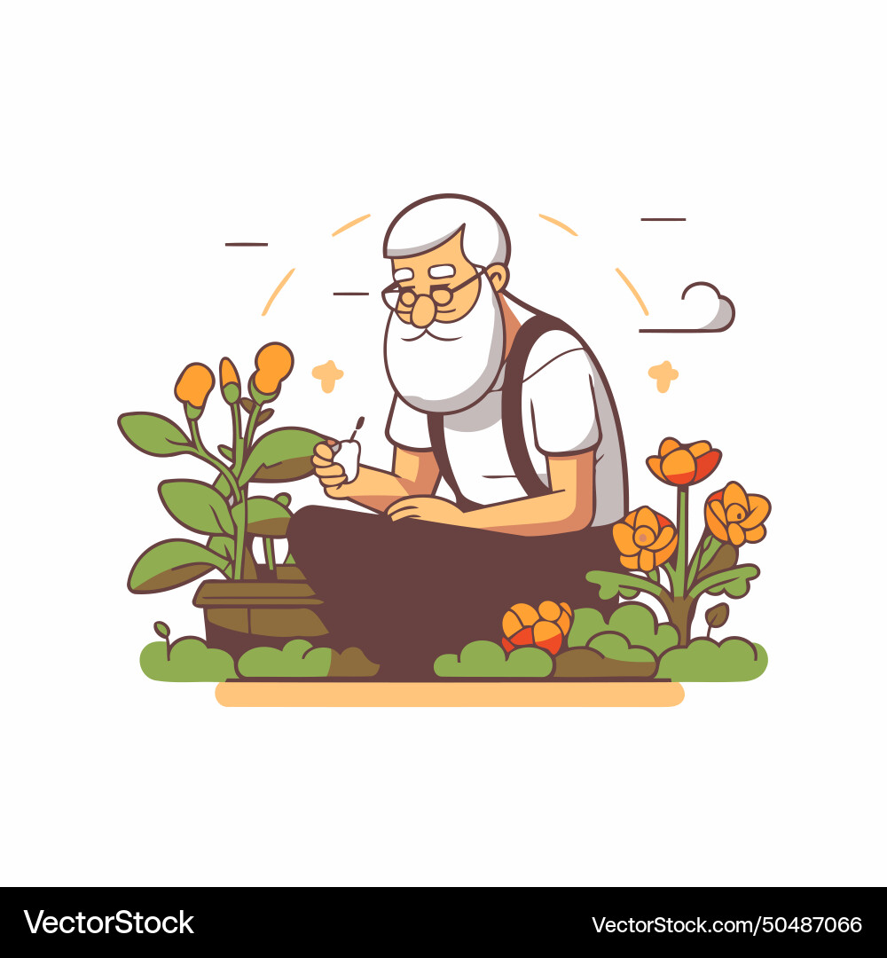 Old man working in the garden flat style Vector Image