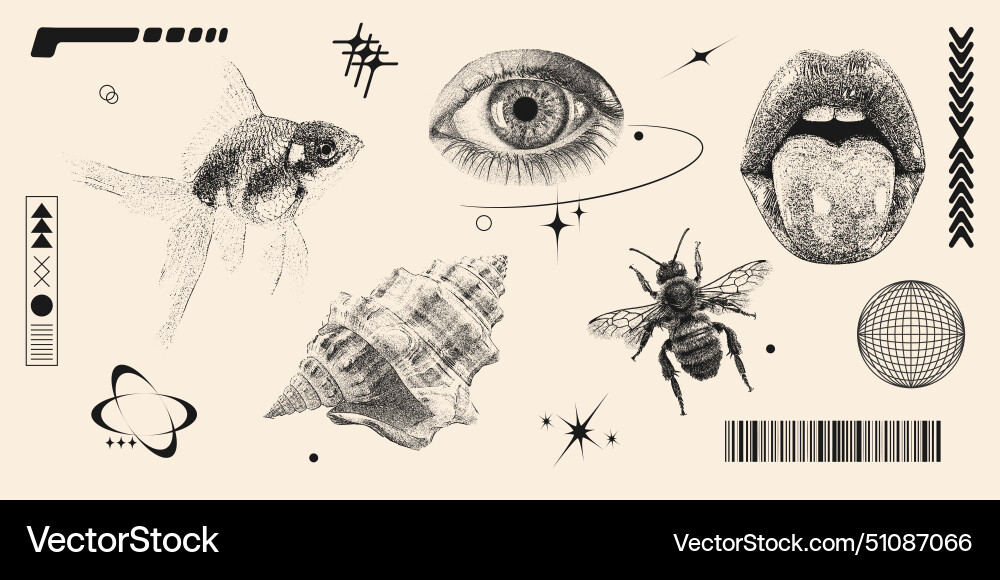 Retro futuristic photocopy elements set eye lip Vector Image