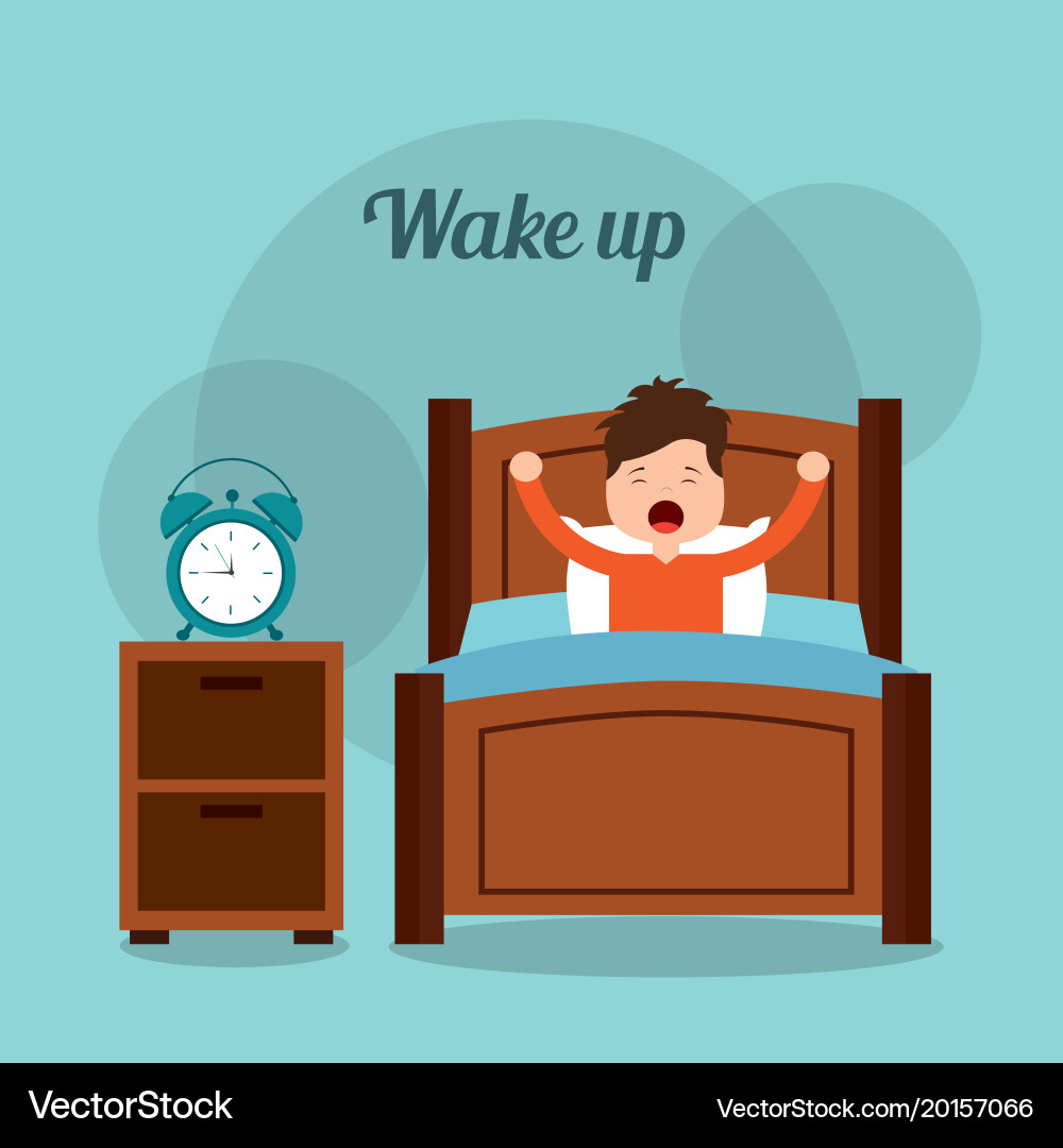 Wake up boy in bed arms stretch with clock Vector Image